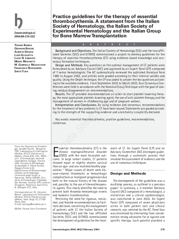 Pdf Practice Guidelines For The Therapy Of Essential Thrombocythemia A Statement From The