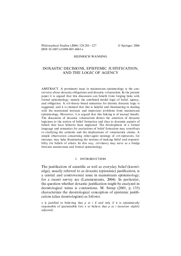 (PDF) Doxastic Decisions, Epistemic Justification, and The Logic of ...