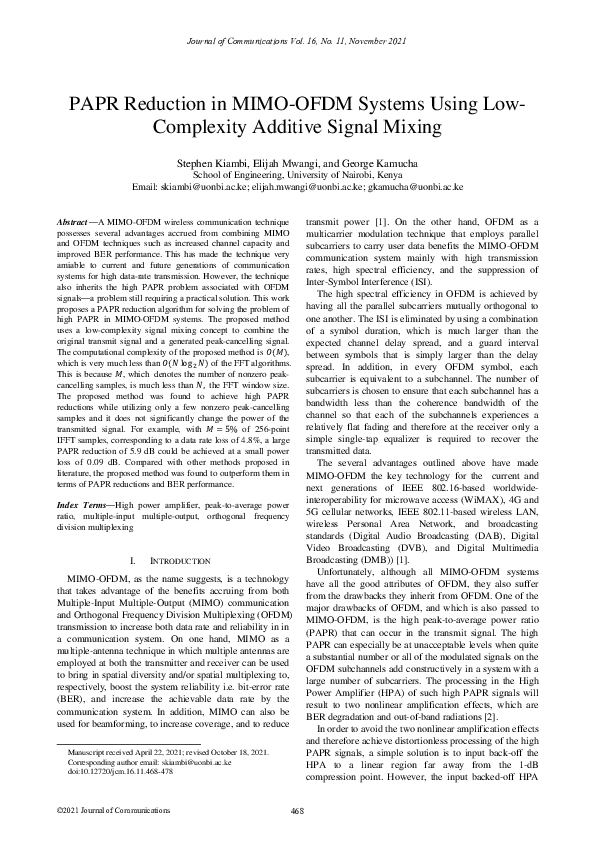 Pdf Papr Reduction In Mimo Ofdm Systems Using Low Complexity Additive Signal Mixing Stephen