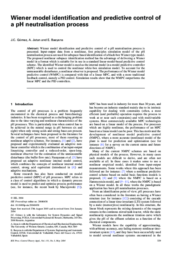 (PDF) Wiener model identification and predictive control of a pH neutralisation process