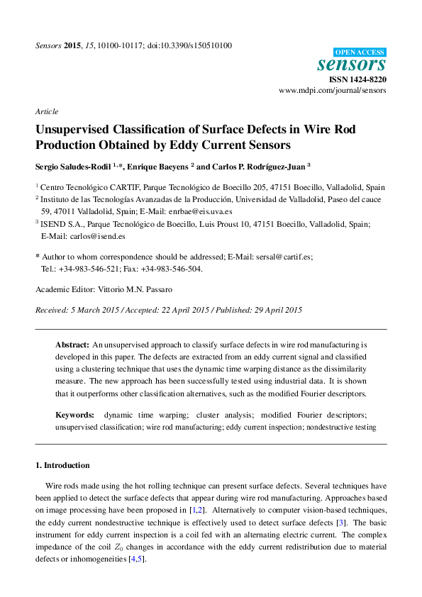 (PDF) Unsupervised Classification of Surface Defects in Wire Rod Production Obtained by Eddy ...