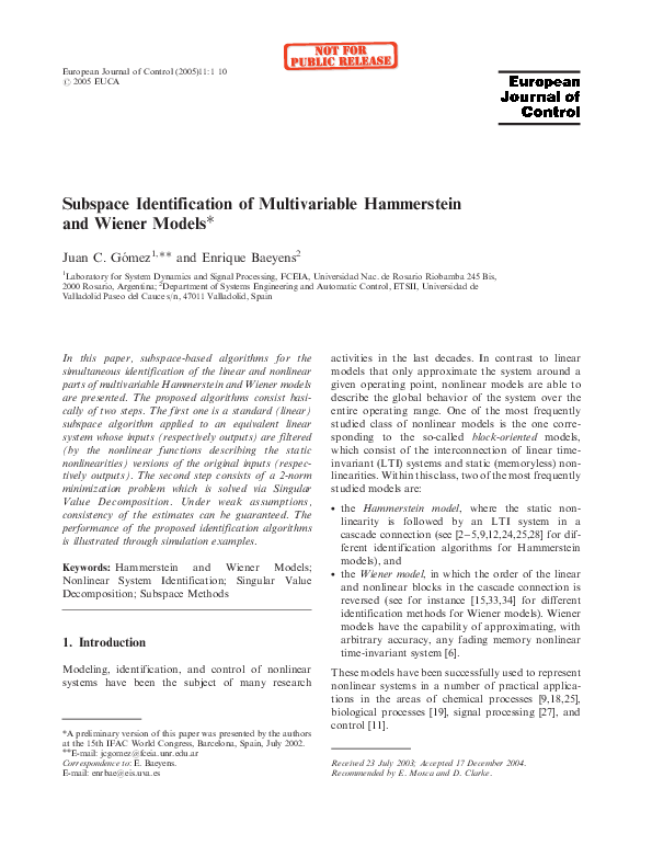 Pdf Subspace Identification Of Multivariable Hammerstein And Wiener Models