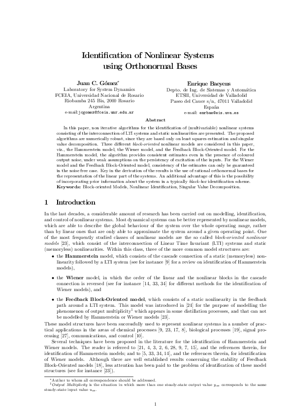 (PDF) Identiflcation of Nonlinear Systems using Orthonormal Bases
