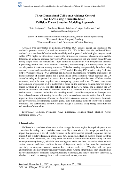 Pdf Three Dimensional Collision Avoidance Control For Uavs Using Kinematic Based Collision 
