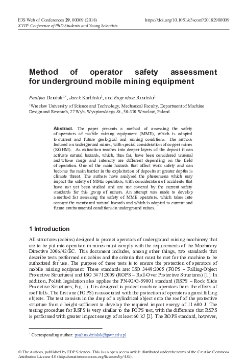 (PDF) Method of operator safety assessment for underground mobile ...