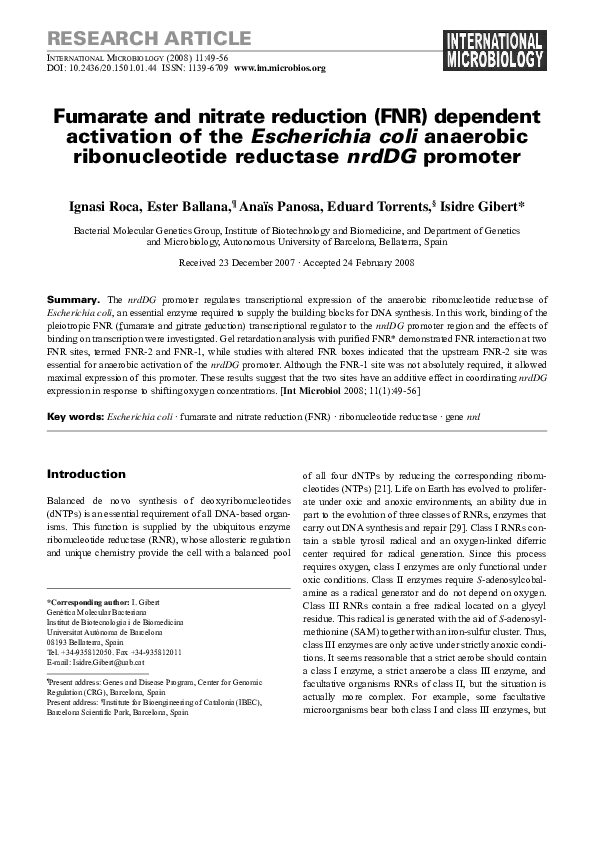 (PDF) FNR Regulation of E. coli nrdDG Promoter