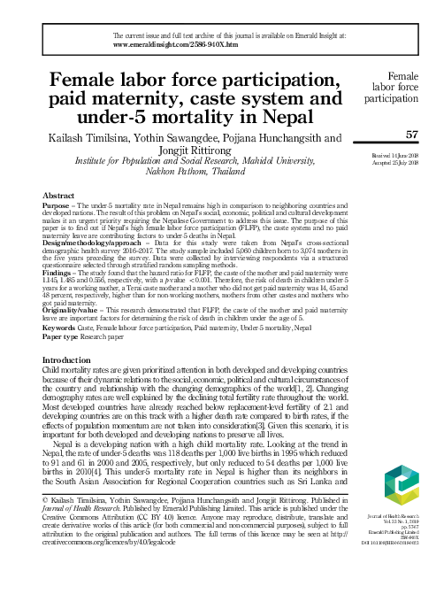 (PDF) Female labor force participation, paid maternity, caste system and under-5 mortality in Nepal