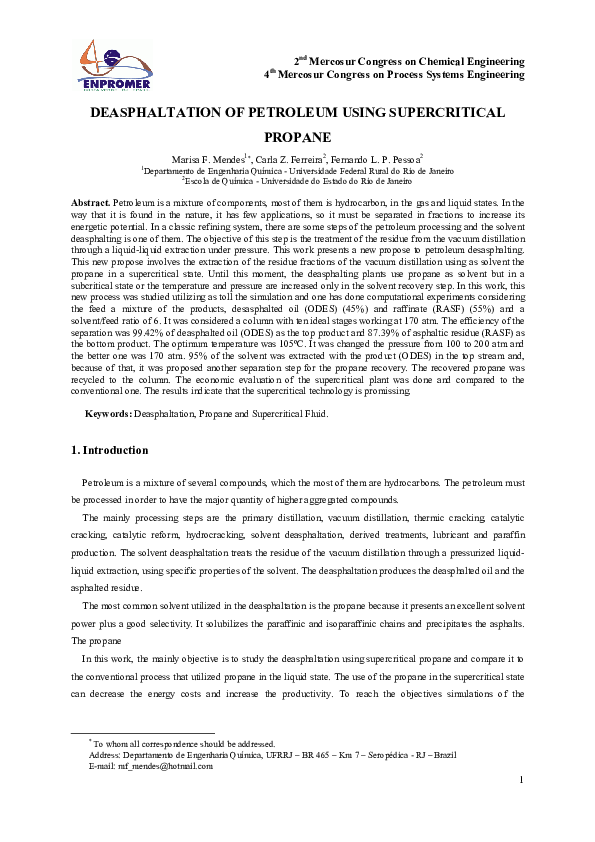 (PDF) Deasphaltation of Petroleum Using Supercritical Propane