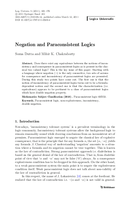 (PDF) Negation and Paraconsistent Logics