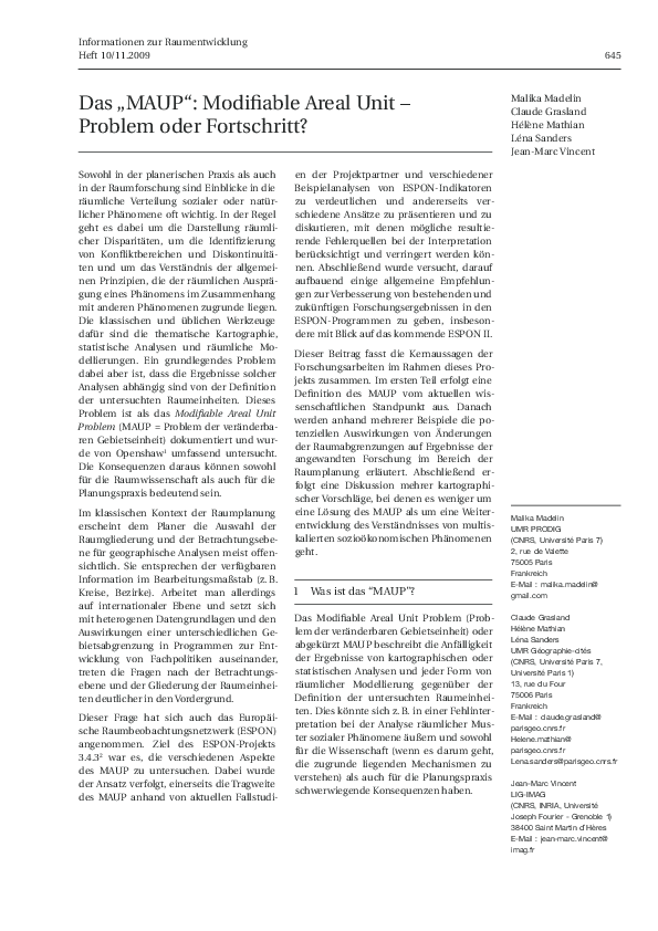 (PDF) Das „MAUP“: Modifiable Areal Unit - Problem oder Fortschritt?