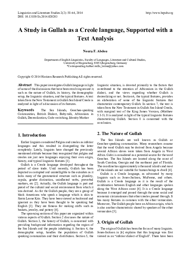 (PDF) A Study in Gullah as a Creole language, Supported with a Text ...