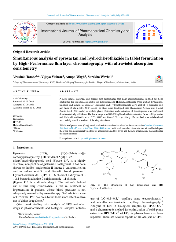 (PDF) Simultaneous analysis of eprosartan and hydrochlorothiazide in tablet formulation by High ...