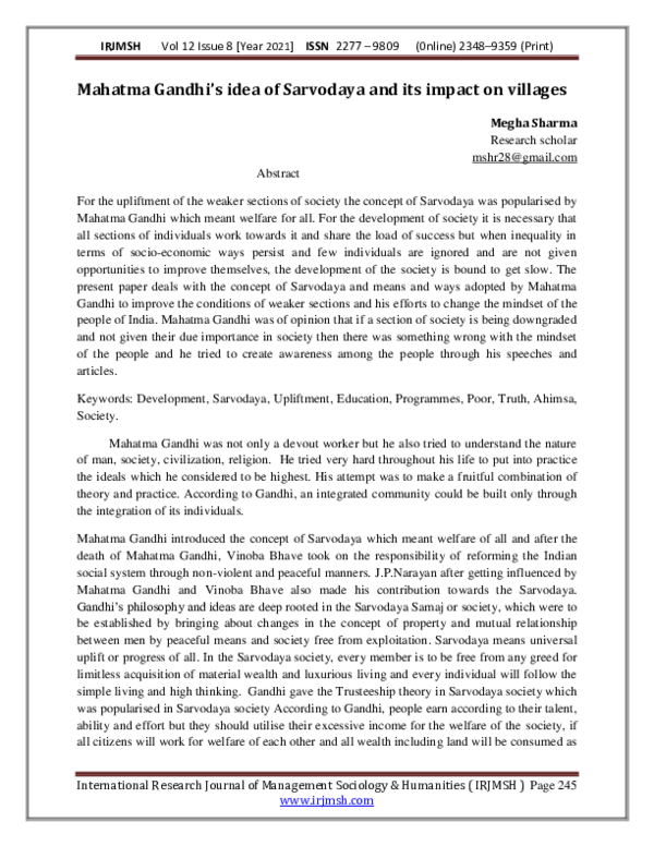 (PDF) Mahatma Gandhi's idea of Sarvodaya and its impact on villages
