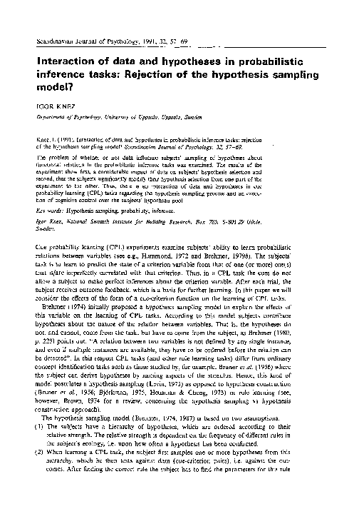 (PDF) Interaction of data and hypotheses in probabilistic inference tasks: Rejection of the ...