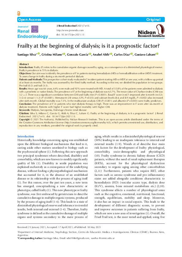 (PDF) Frailty at the beginning of dialysis; is it a prognostic factor?