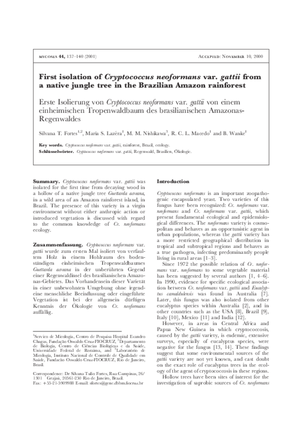 Pdf First Isolation Of Cryptococcus Neoformans Var Gattii From A Native Jungle Tree In The