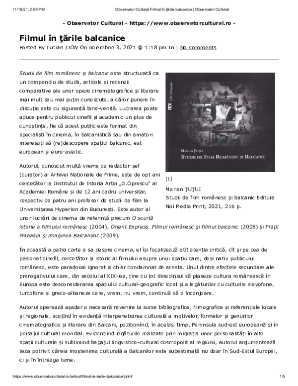 (PDF) Filmul in tarile balcanice, Marian Țuțui book review