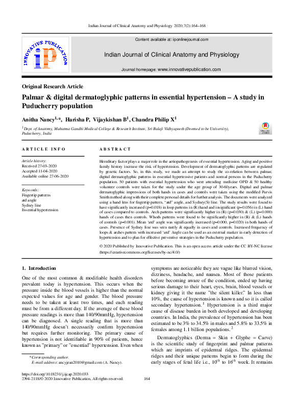 (PDF) Palmar digital dermatoglyphic patterns in essential hypertension ...