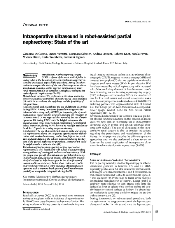 (PDF) Intraoperative ultrasound in robot-assisted partial nephrectomy: State of the art