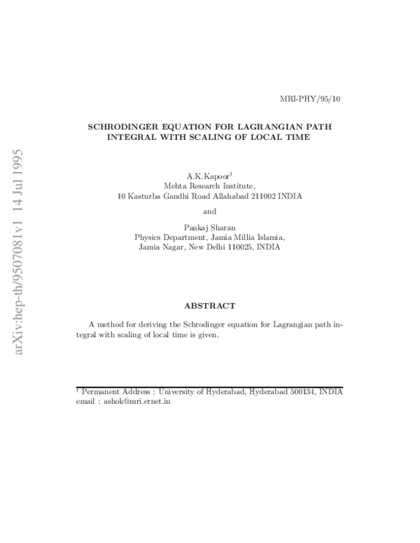 Pdf Schrodinger Equation For Lagrangian Path Integral With Scaling Of Local Time
