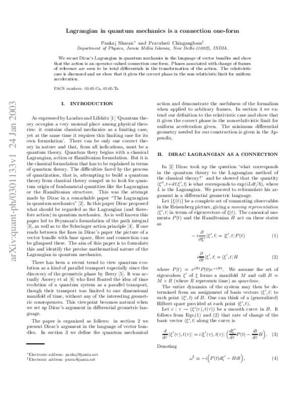 (PDF) Lagrangian in quantum mechanics is a connection one-form