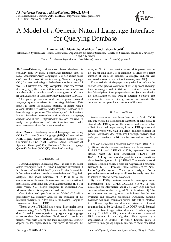 (PDF) A Model of a Generic Natural Language Interface for Querying Database