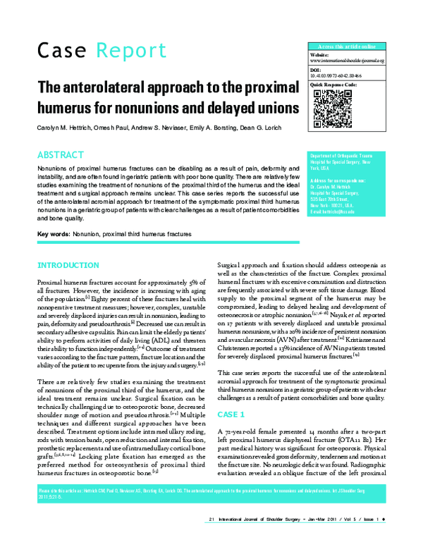 (PDF) The anterolateral approach to the proximal humerus for nonunions ...