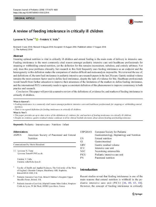 (PDF) A review of feeding intolerance in critically ill children