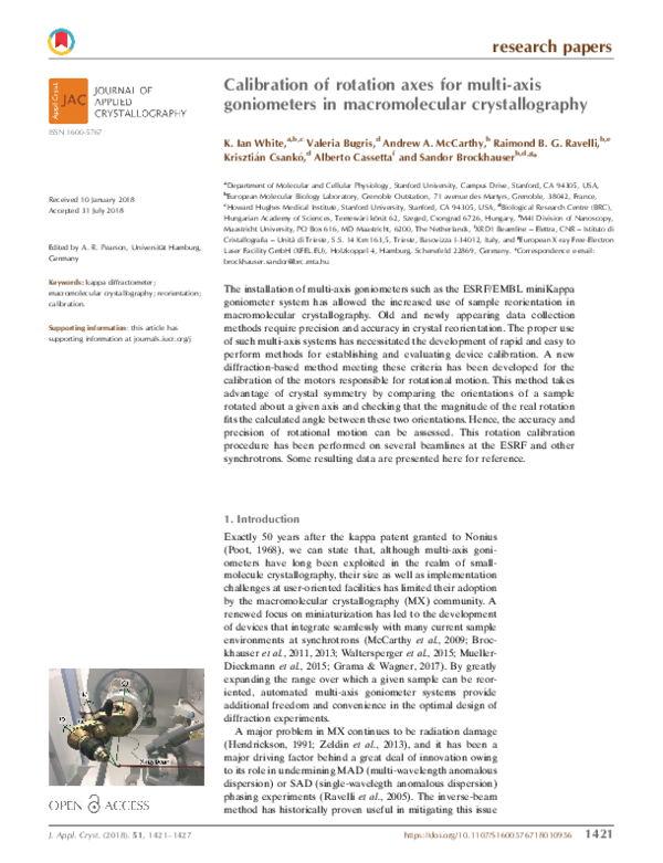 (PDF) Calibration of rotation axes for multi-axis goniometers in macromolecular crystallography