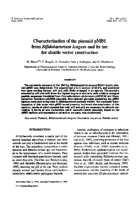 (PDF) Characterization of the plasmid pMB1 from Bifidobacterium longum ...