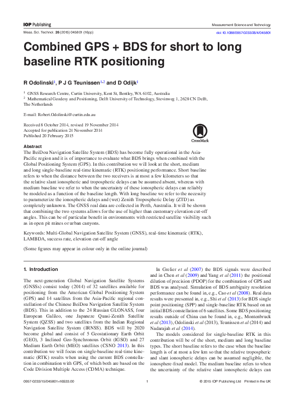 (PDF) Combined GPS + BDS for short to long baseline RTK positioning