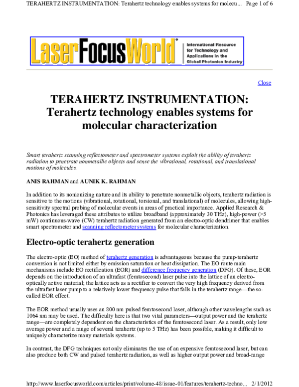 (PDF) TERAHERTZ INSTRUMENTATION: Terahertz technology enables systems for molecular characterization