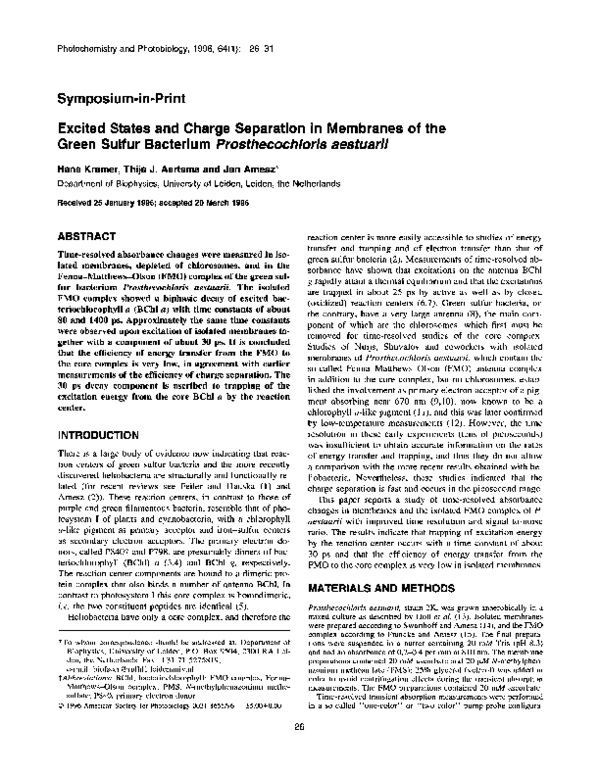 (PDF) Excited States and Charge Separation in Membranes of the Green ...