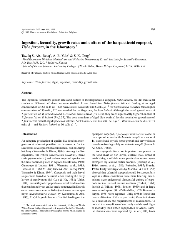 (PDF) Ingestion, fecundity, growth rates and culture of the ...