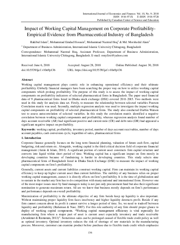 (PDF) Impact of Working Capital Management on Corporate Profitability- Empirical Evidence from ...