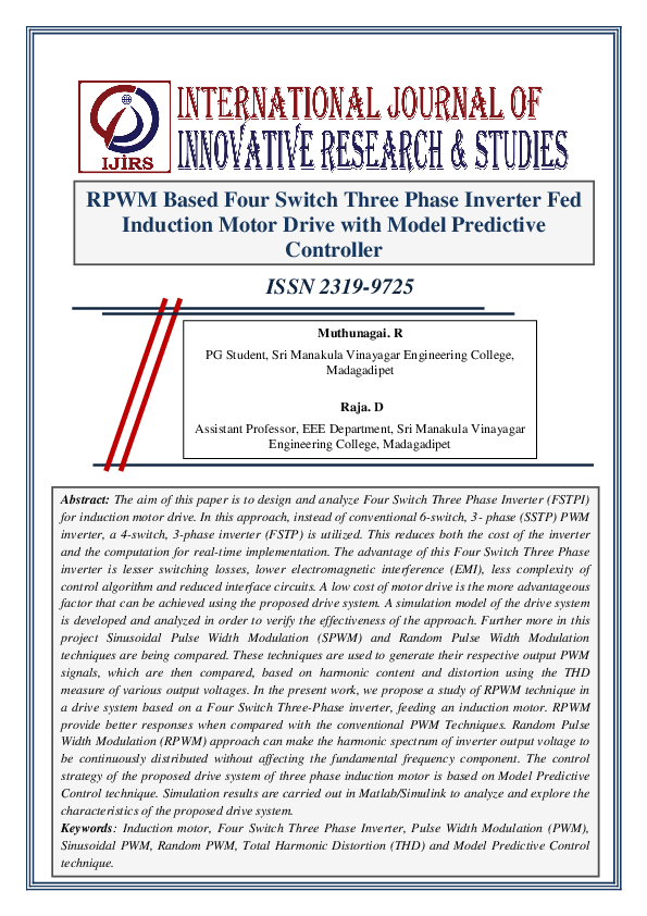 Pdf Rpwm Based Four Switch Three Phase Inverter Fed Induction Motor Drive With Model