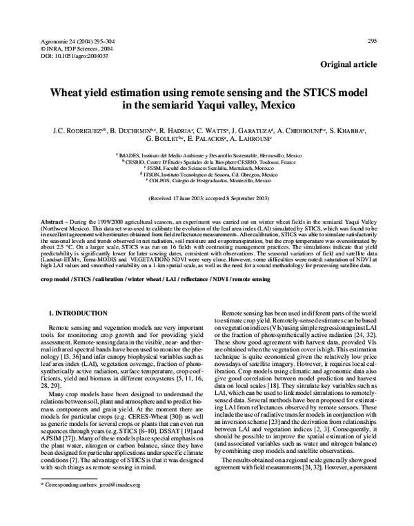 (PDF) Wheat yields estimation using remote sensing and crop modeling in ...