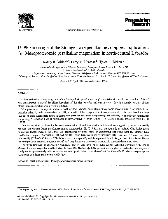 (PDF) U_Pb zircon age of the Strange Lake peralkaline complex ...