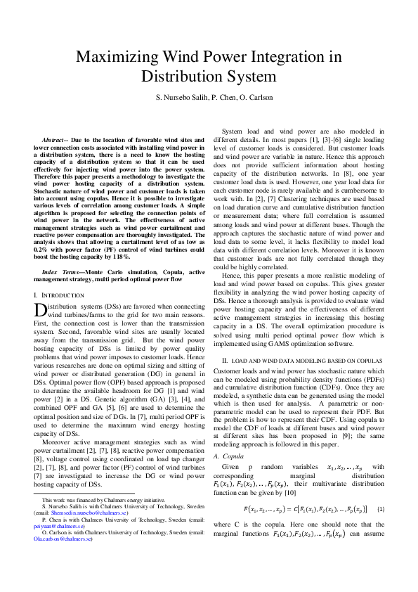 (PDF) Maximizing wind power integration in distribution system
