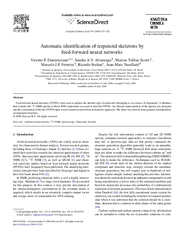(PDF) Automatic identification of terpenoid skeletons by feed-forward neural networks