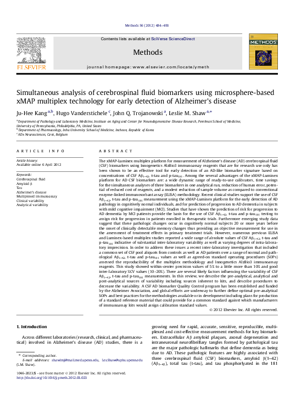 (PDF) Simultaneous analysis of cerebrospinal fluid biomarkers using ...