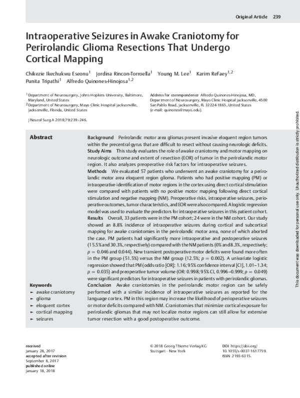 (PDF) Intraoperative Seizures in Awake Craniotomy for Perirolandic Glioma Resections That ...