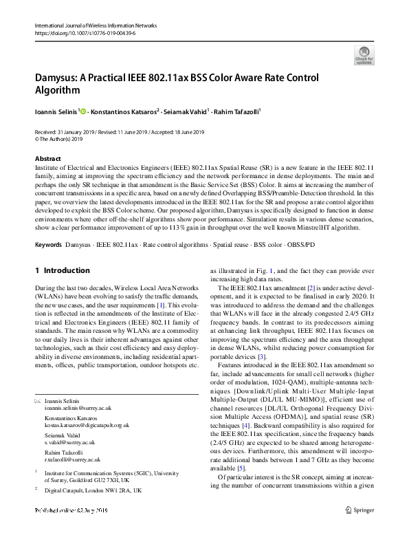 (PDF) Damysus: A Practical IEEE 802.11ax BSS Color Aware Rate Control Algorithm