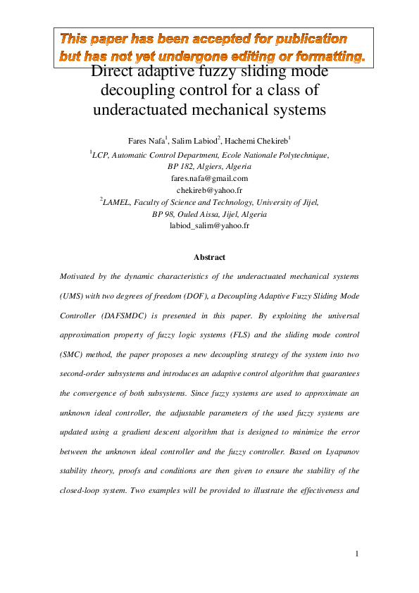 Pdf Direct Adaptive Fuzzy Sliding Mode Decoupling Control For A Class Of Underactuated