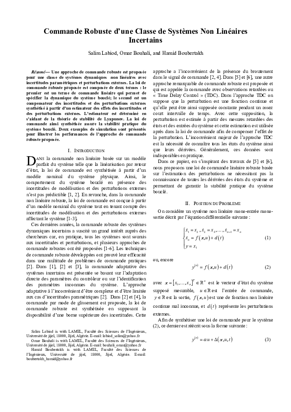 (PDF) Commande robuste d’une classe de systèmes non linéaires incertains