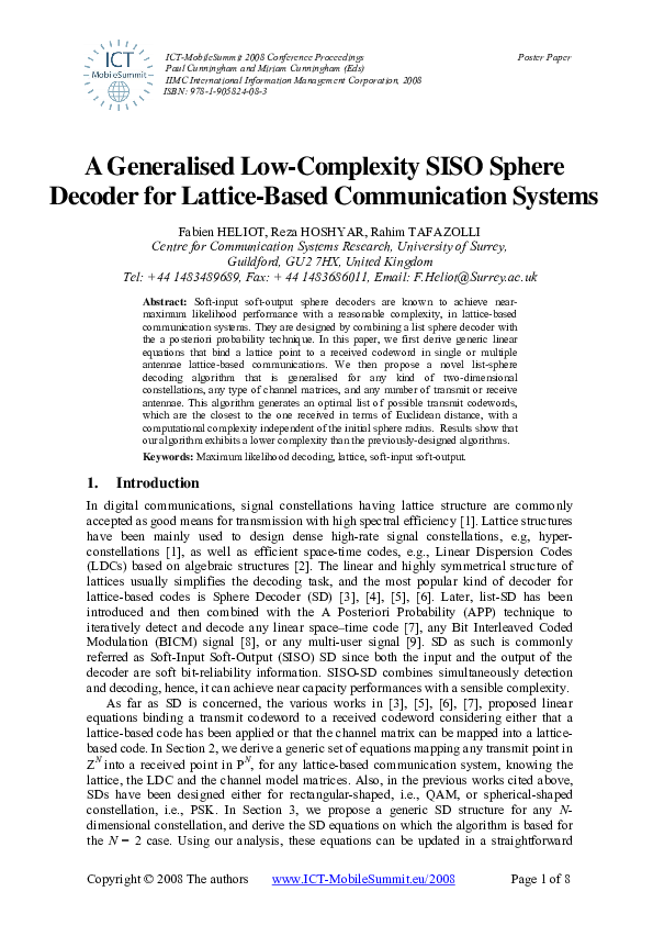 (PDF) A Generalised Low-Complexity SISO Sphere Decoder for Lattice-based Communication Systems