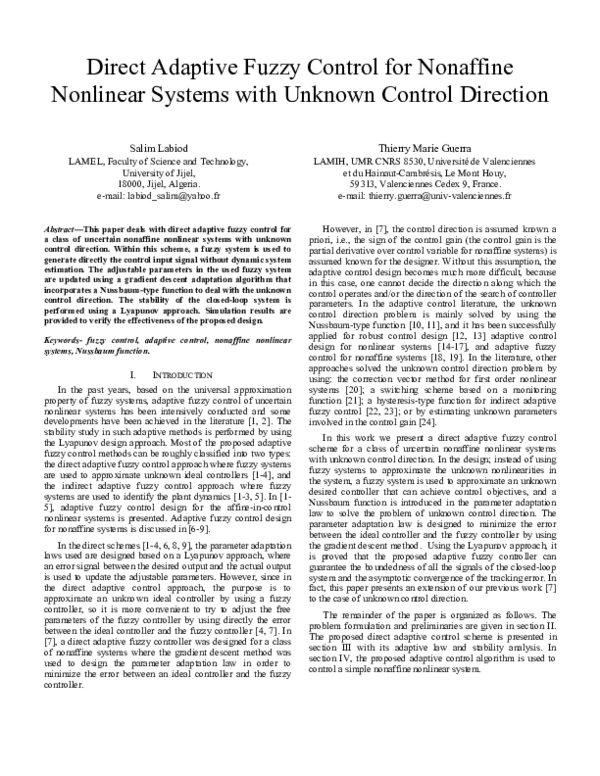 Pdf Direct Adaptive Fuzzy Control For Nonaffine Nonlinear Systems With Unknown Control Direction 3902