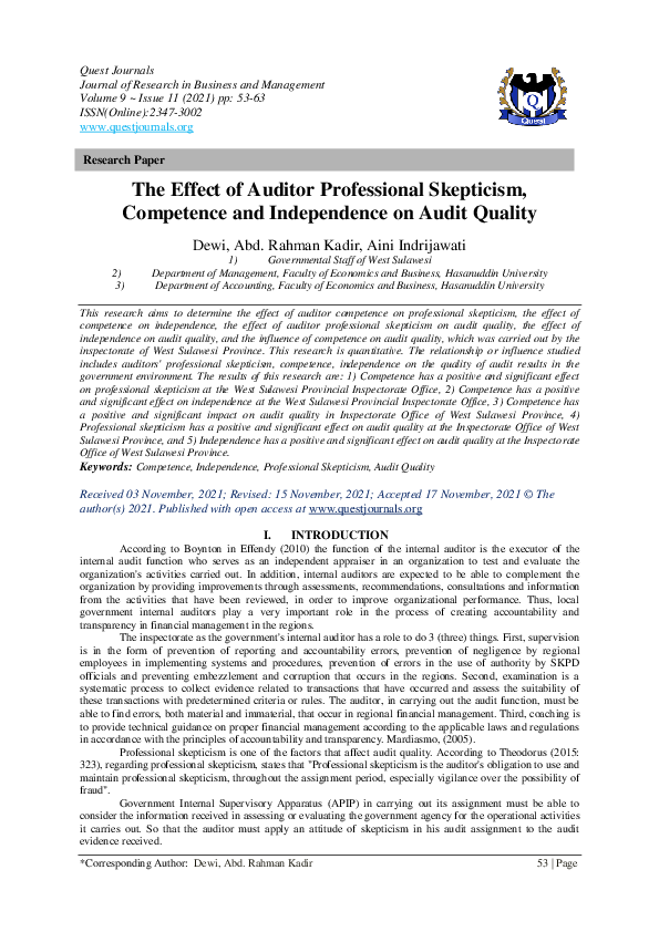 (PDF) The Effect of Auditor Professional Skepticism, Competence and ...