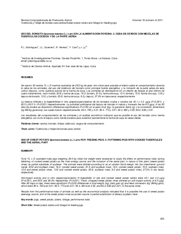 (PDF) Use of sweet potato (Ipomoea batatas (L.) Lam) for feeding pigs. 3. Fattening pigs with ...