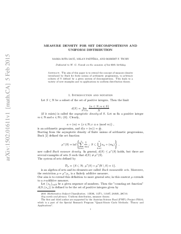 (PDF) Measure density for set decompositions and uniform distribution